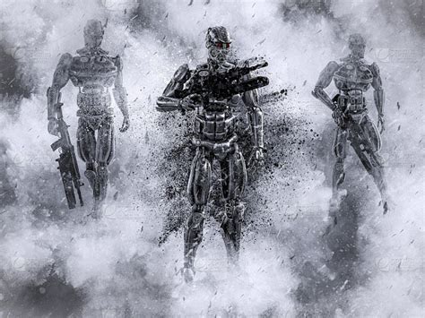 未来机械兵在战争中的3D渲染