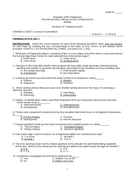 Criminalistics 20 Instruction Select The Correct Answer For Each Of