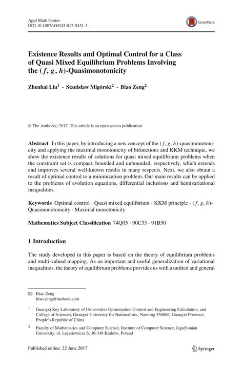 Pdf Existence Results And Optimal Control For A Class Of Quasi Mixed Equilibrium Problems