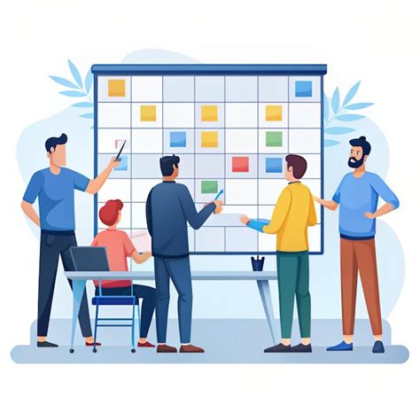 Developers Team Planning Weekly Schedule Tasks On Task Board Teamwork And Collaboration Vector