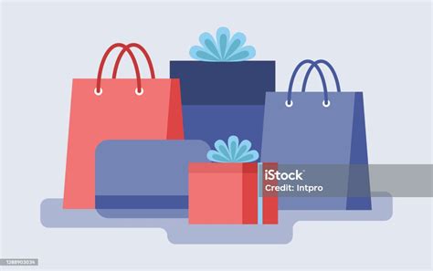 밝은 배경에 선물 상자와 구매자 가방의 다채로운 그림 만화 플랫 스타일의 벡터 구성 격리된 개체가 있는 아이콘 유형 클립아트 상업 광고 상점 프로모션 0명에 대한 스톡 벡터