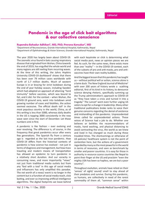 Pdf Pandemic In The Age Of Click Bait Algorithms And Our Collective Conscience