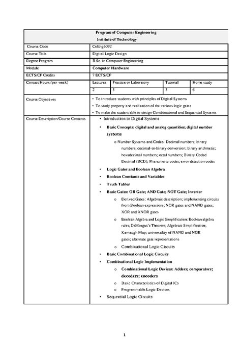 Ce Dld Course Outline 1 Program Of Computer Engineering Institute Of Technology Course Code