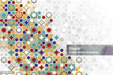 색상의 아랍어 장식 배경입니다 모자이크의 이슬람 장식 다채로운 세부 사항입니다 아랍어 동쪽 인도 장식 페르시아 어 모티프 3d 간단한 기하학적 라마단 카림 골드 인사말 카드
