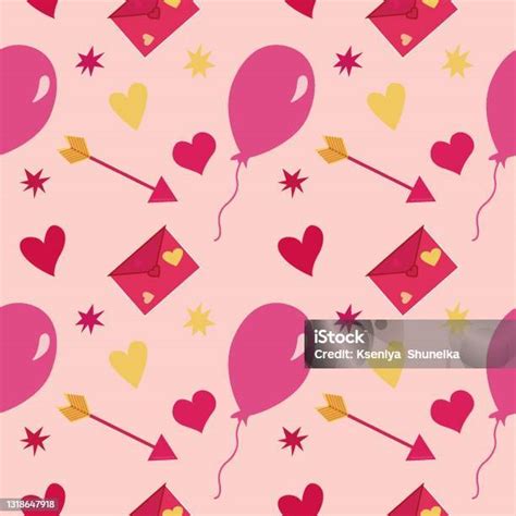 발룬 붉은 하트 별 화살 파스텔 장미 배경에 대한 러브 레터가 있는 벡터 색무늬 발렌타인 데이 또는 생일을위한 귀여운 디자인 2월에 대한 스톡 벡터 아트 및 기타 이미지