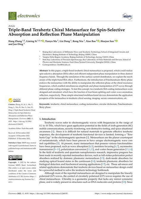 Pdf Triple Band Terahertz Chiral Metasurface For Spin Selective