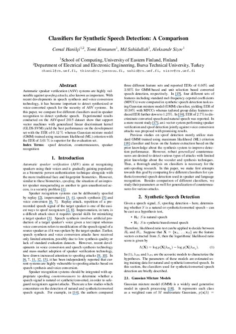 Pdf Classifiers For Synthetic Speech Detection A Comparison