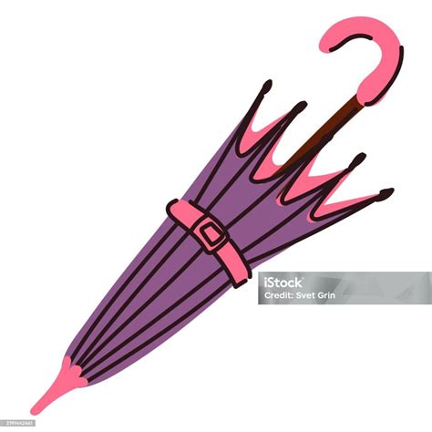 닫힌 보라색 우산 지팡이의 그림 흰색 배경에 강조 표시 벨크로가 있는 우산 내부는 분홍색입니다 가을 봄 여름 동안 비와 태양으로부터 보호 다기능 아이템 11월에 대한 스톡