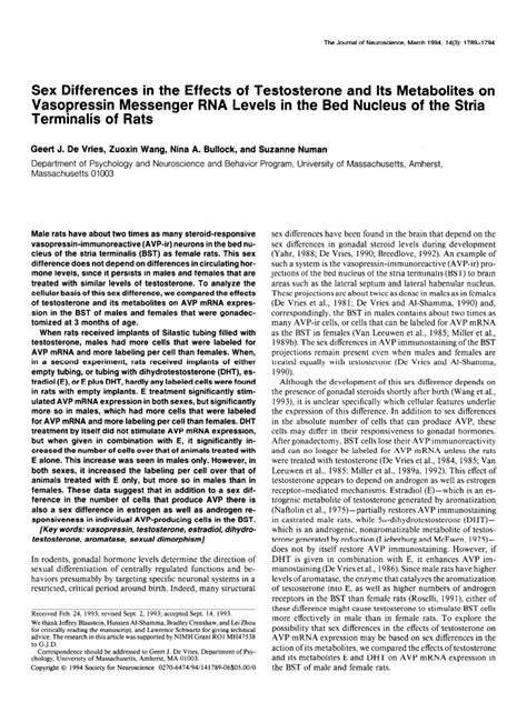 Pdf Sex Difference In Androgen And Estrogen Action On Vasopressin