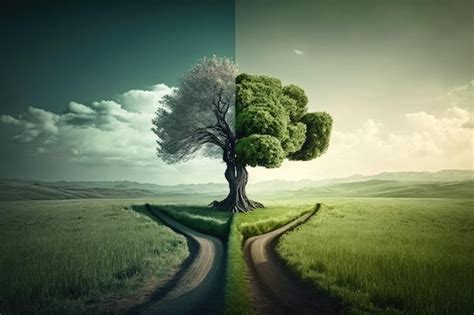 Premium Ai Image Trees And An Empty Stretch Of Green Land Symbolize Independent Adventure