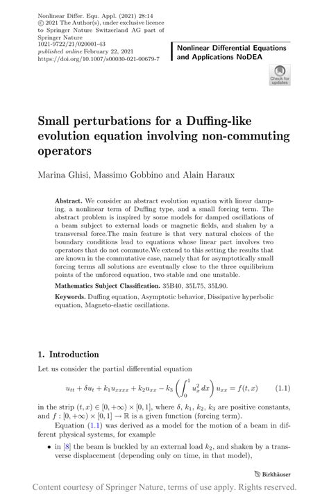 Small Perturbations For A Duffing Like Evolution Equation Involving Non