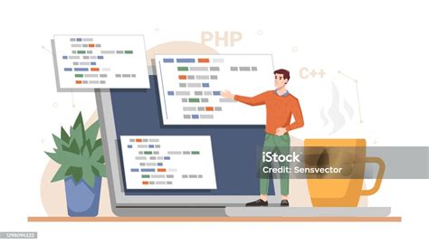 프로젝트 프레젠테이션 준비 사이트에서 작업하는 웹 개발자 랩톱과 컴퓨터를 사용하여 프로그래밍 및 코딩 기술 개선 및 혁신 만화