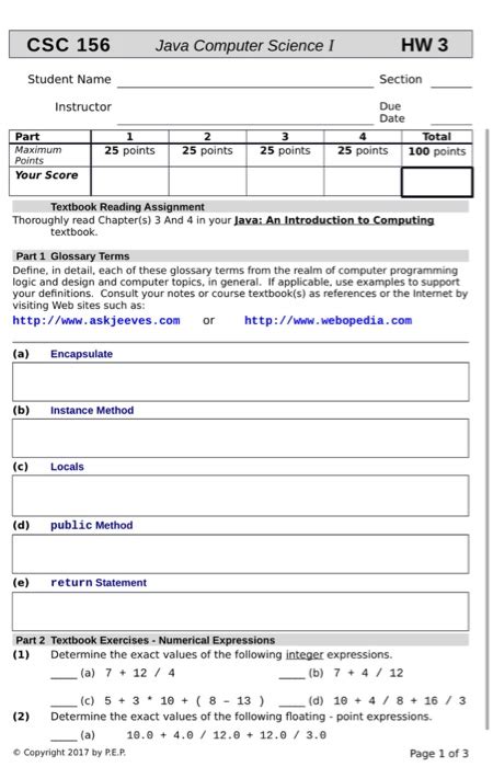 Solved Hw 1 Section Due Csc 156 Java Computer Science I