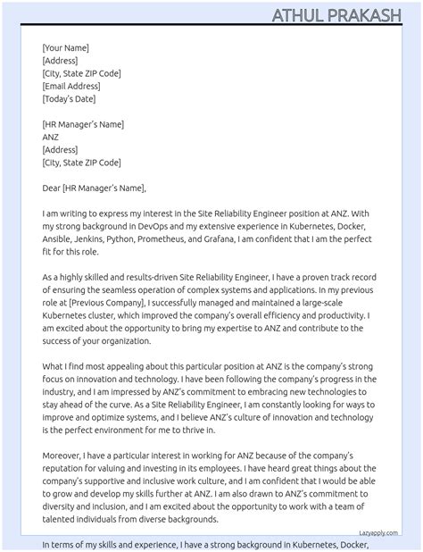 Cover Letter For Site Reliability Engineer Lazyapply