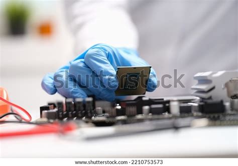 Technician Connects Cpu Microprocessor Motherboard Socket Stock Photo Shutterstock