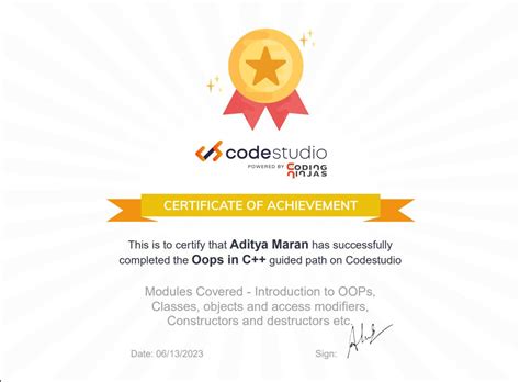 Aditya Maran On Linkedin Codingninjas Oop Cpp Certificateofachievement Professionalgrowth