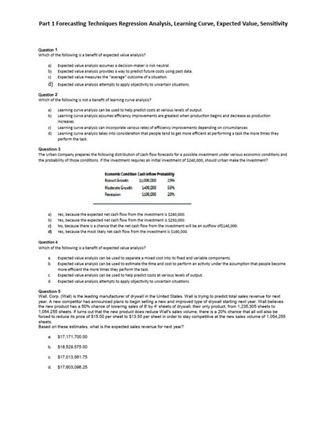 Part 1 Forecasting Techniques Regression Analysis Learning Curve Expected Value Sensitivity