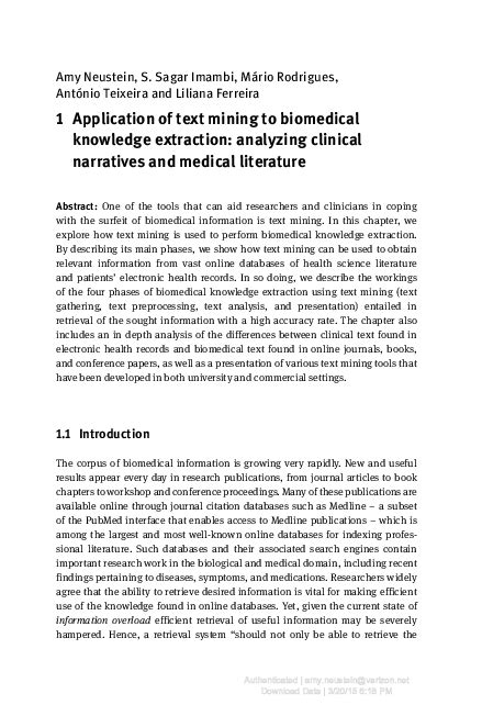 Pdf 1 Application Of Text Mining To Biomedical Knowledge Extraction