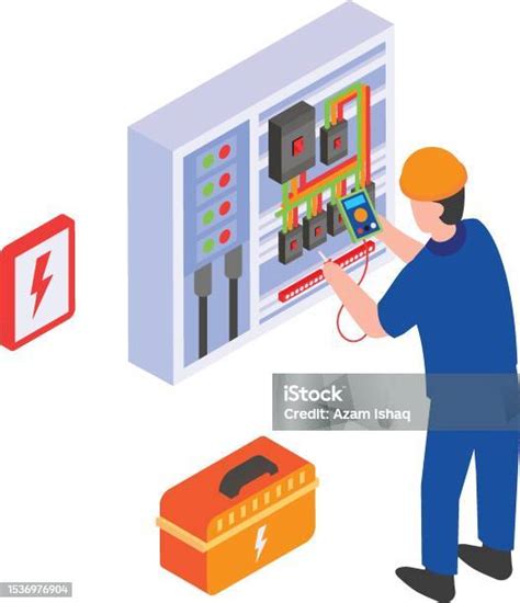 스위치 박스의 회로 차단기 작업을 하는 사람 아이소메트릭 개념 안전 스위치 문제 벡터 아이콘 디자인 전기 엔지니어 기호 배선