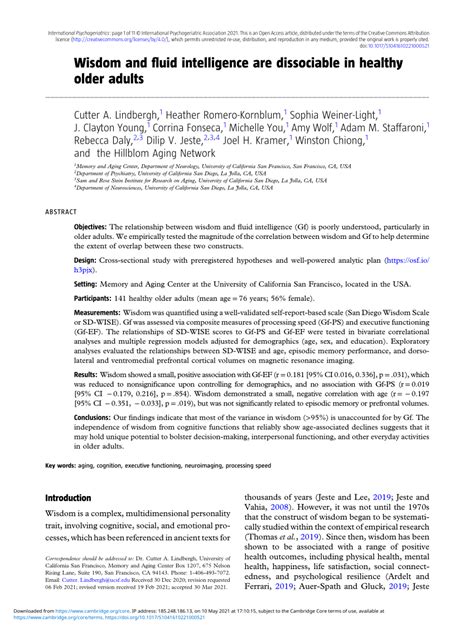 Pdf Wisdom And Fluid Intelligence Are Dissociable In Healthy Older Adults