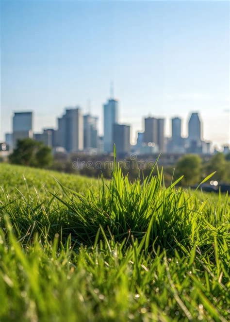 Patch Green Grass Foreground Blurred Cityscape Background Urban Buildings Skyline Stock