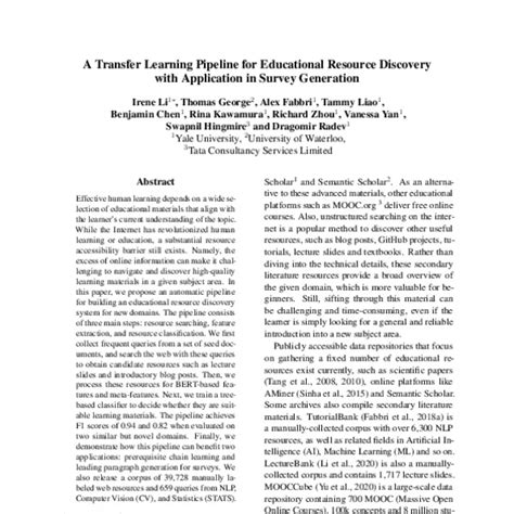 A Transfer Learning Pipeline For Educational Resource Discovery With Application In Survey