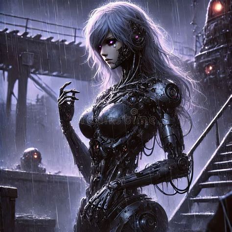 Futuristic Female Android In Stormy Weather Stock Illustration