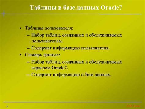 Словарь базы данных Oracle Таблицы в базе