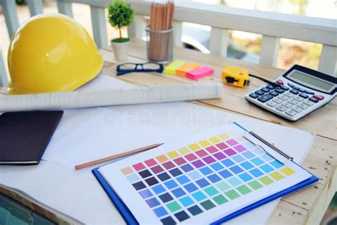 Construction Engineer Office Desk Architect Workplace Engineer Drawing Objects Table With Meter
