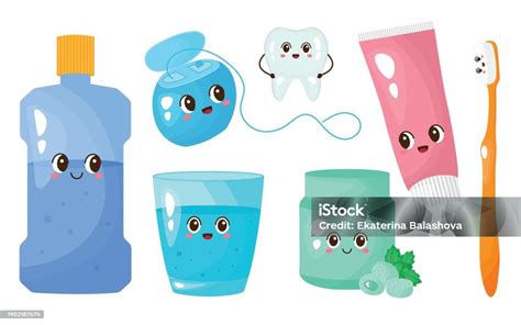 치과 컬렉션 마스코트 치아 관리 제품 만화 캐릭터 세트 구강 청결제 칫솔 치약 튜브 치실 건강한 치아 잇몸 물 한 잔 구강 위생 벡터 일러스트 레이 션입니다 치과 장비에