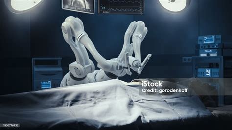 현대 병원 로봇 팔이 고정밀 나노 수술을 수행하는 동안 수술 테이블에 누워 있는 수술 환자 사람의 심장 이식 작업을 하는 자동화된 프로그래밍 가능한 로봇 팔다리