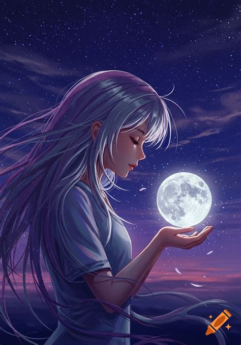 An Anime Girl With Long Black Hair Looks Up At A Full Moon In A Starry