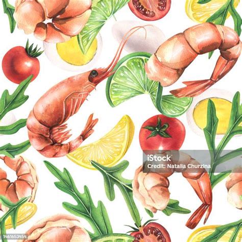 Arugula 레몬 석회 체리 토마토 계란과 함께 다양한 삶은 새우 수채화 그림입니다 Shrimp 컬렉션의 흰색 배경에 매끄러운