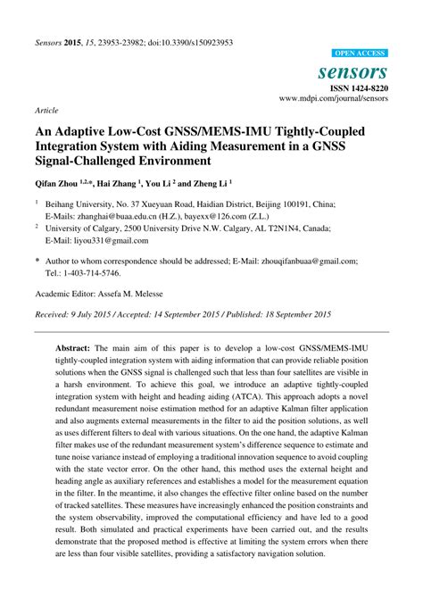 Pdf An Adaptive Low Cost Gnssmems Imu Tightly Coupled Integration System With Aiding