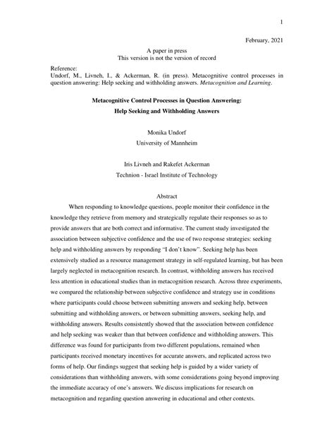 Pdf Metacognitive Control Processes In Question Answering Help Seeking And Withholding Answers