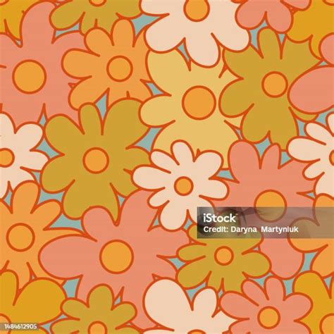 70년대 복고풍 이음매 없는 패턴과 양식화된 꽃 60년대와 70년대 복고풍 스타일과 미학 화려한 복고풍 디자인 원활한 꽃 빈티지