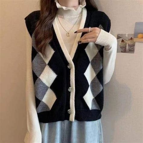 여성 베스트 아가일 니트 단추 조끼 스웨터 Vs 28 9075675 Ssg Com