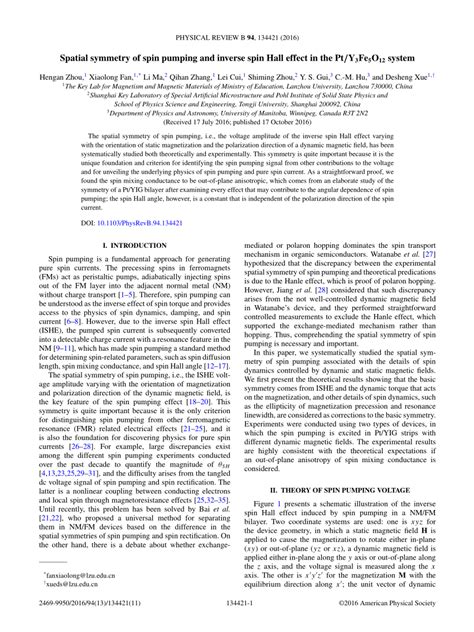 Pdf Spatial Symmetry Of Spin Pumping And Inverse Spin Hall Effect In The Pt Y3fe5o12 System