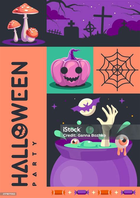 플라이 Agaric 보름달 박쥐 할로윈 호박 마법 물약 및 묘지와 함께 할로윈 플랫 파티 포스터 할로윈 유령 배경입니다 벡터 일러스트 레이 션 10월에 대한 스톡 벡터 아트
