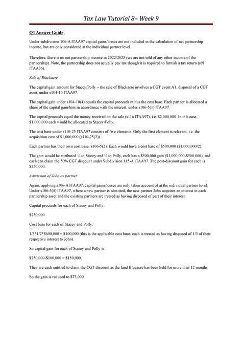 Tutorial 8 Week 9 Answer Guide Tax Law Tutorial 8 Week 9 Q1 Answer