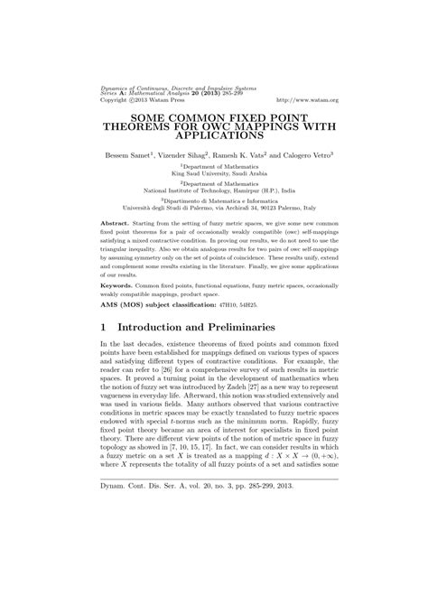 Pdf Some Common Fixed Point Theorems For Owc Mappings With Applications