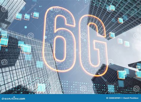 Abstract Neon 6g Network Symbol Glowing Over Cityscape Representing The Next Generation Of High