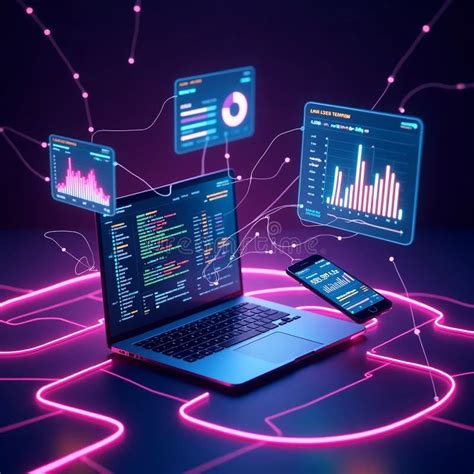 Tech Driven Workspace Laptop Mobile And Data Visualizations Stock