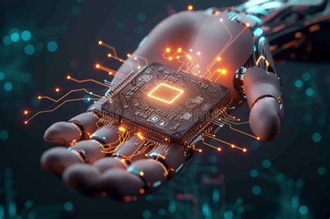 Futuristic Ai Hand Holding Logo On Microchip Hologram 3d Rendering Stock Illustration