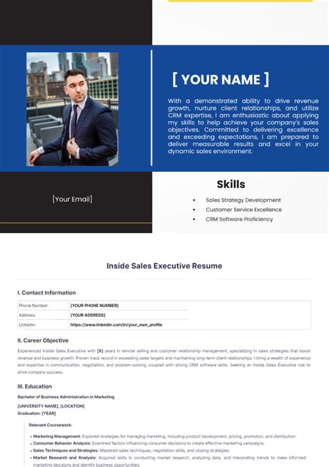 Free Inside Sales Executive Resume Template To Edit Online