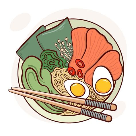 그릇 벡터 일러스트 레이 션에 라면 스프 그리기 일본 아시아 전통 음식 요리 메뉴 개념 낙서 만화 스타일 프리미엄 벡터