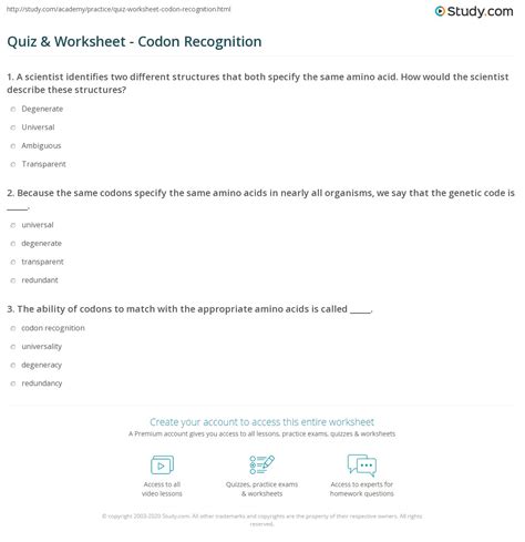 Quiz Worksheet Codon Recognition Study Com