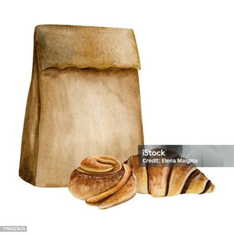 초콜릿 크로와상 계피 롤빵 및 종이 공예 가방 수채화 그림 아침 식사와 커피 브레이크 디자인에 대 한 흰색 배경에 고립 0명에 대한 스톡 벡터 아트 및 기타 이미지 Istock