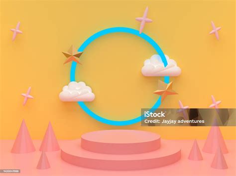 피라미드가있는 분홍색 무대 연단과 노란색 배경에 파란색 반지가 있습니다 어린이 제품 프리젠 테이션을위한 받침대 기하학적 3d 렌더링 0명에 대한 스톡 사진 및 기타 이미지