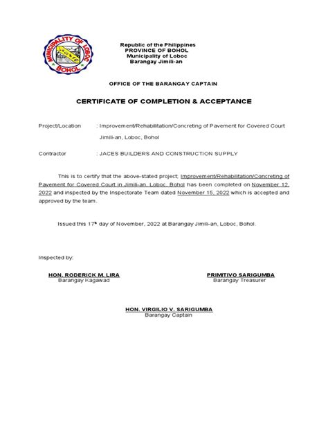 Certificate Of Completion And Acceptance Download Free Pdf Government Civil Law Legal System